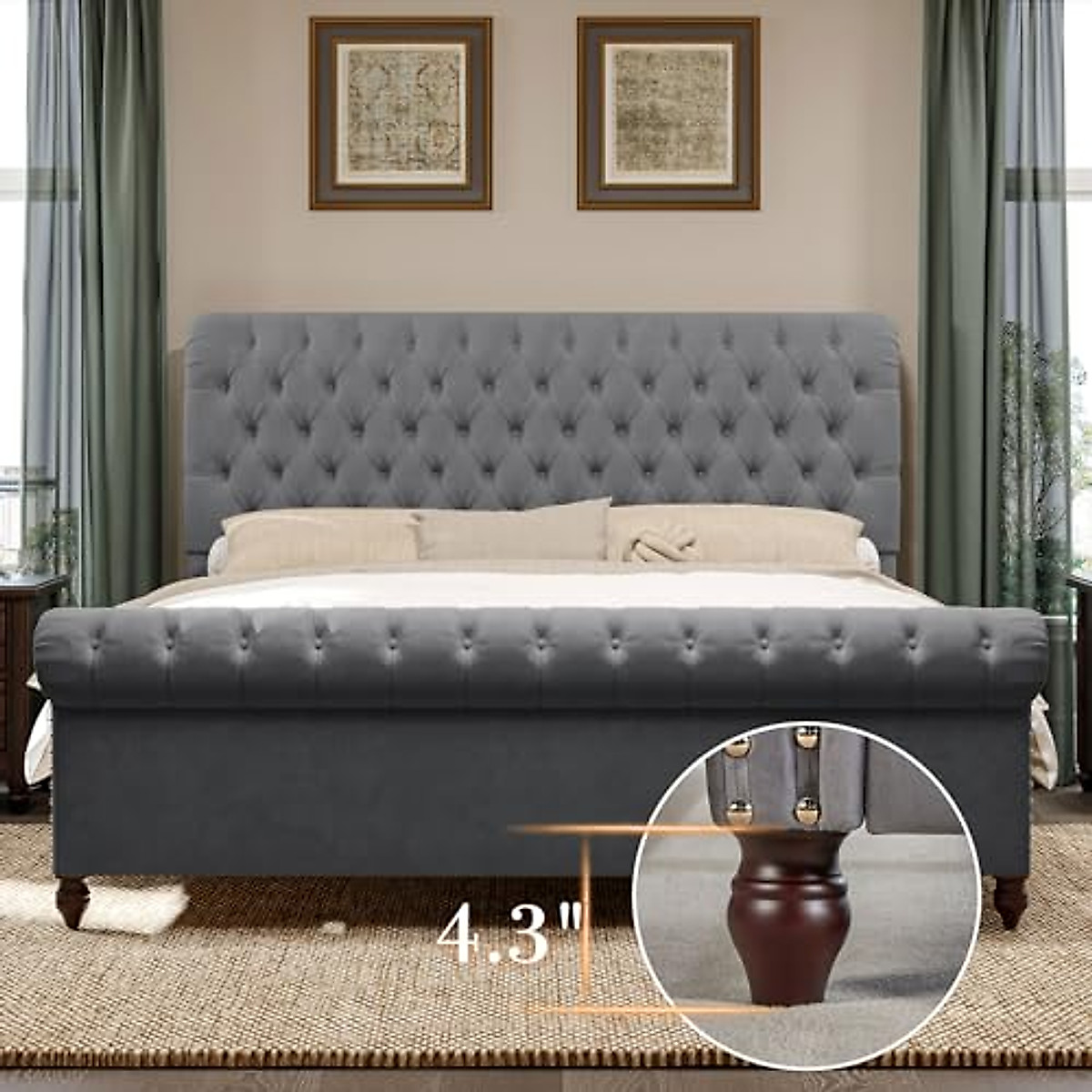 PaPaJet Bed Frame Queen Size with Headboard and Footboard, Velvet Upholstered Sleigh Bed, Deep Button Tufted, No Box Spring Needed, Grey