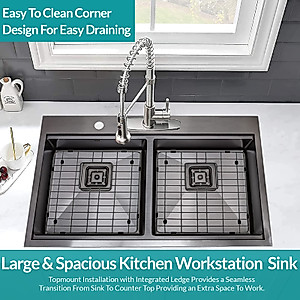 Strictly Sinks 33 inch Topmount Kitchen Workstation Sink Gunmetal Black 5050 Double Bowl 16 Gauge Stainless Steel Drop In Scratch, Stain Resistant Colander, Cutting Board & Bottom Protector Grid