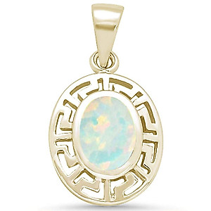 Oxford Diamond Co Sterling Silver Oval Lab Created Opal Greek Key Design Pendant Colors Available (Yellow Gold Plated White Opal)