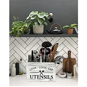 GIFTAYA Wood Utensil Holder for Kitchen Countertop | Farmhouse Kitchen Decor for Flatware | Utensil Caddy with 2 Compartments | Rustic Utensil Organizer for Kitchen (2 Compartments)