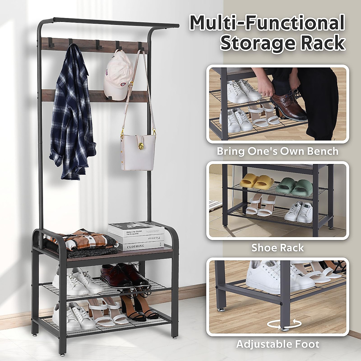 cenivi Hall Tree with Bench and Shoe Storage, 4-In-1 Entryway Bench with Coat Rack, with Hanging Rod, 9 Removable Coat Hooks, Shoes Rack, Assembled Hall Tree with Storage Furniture, Gray