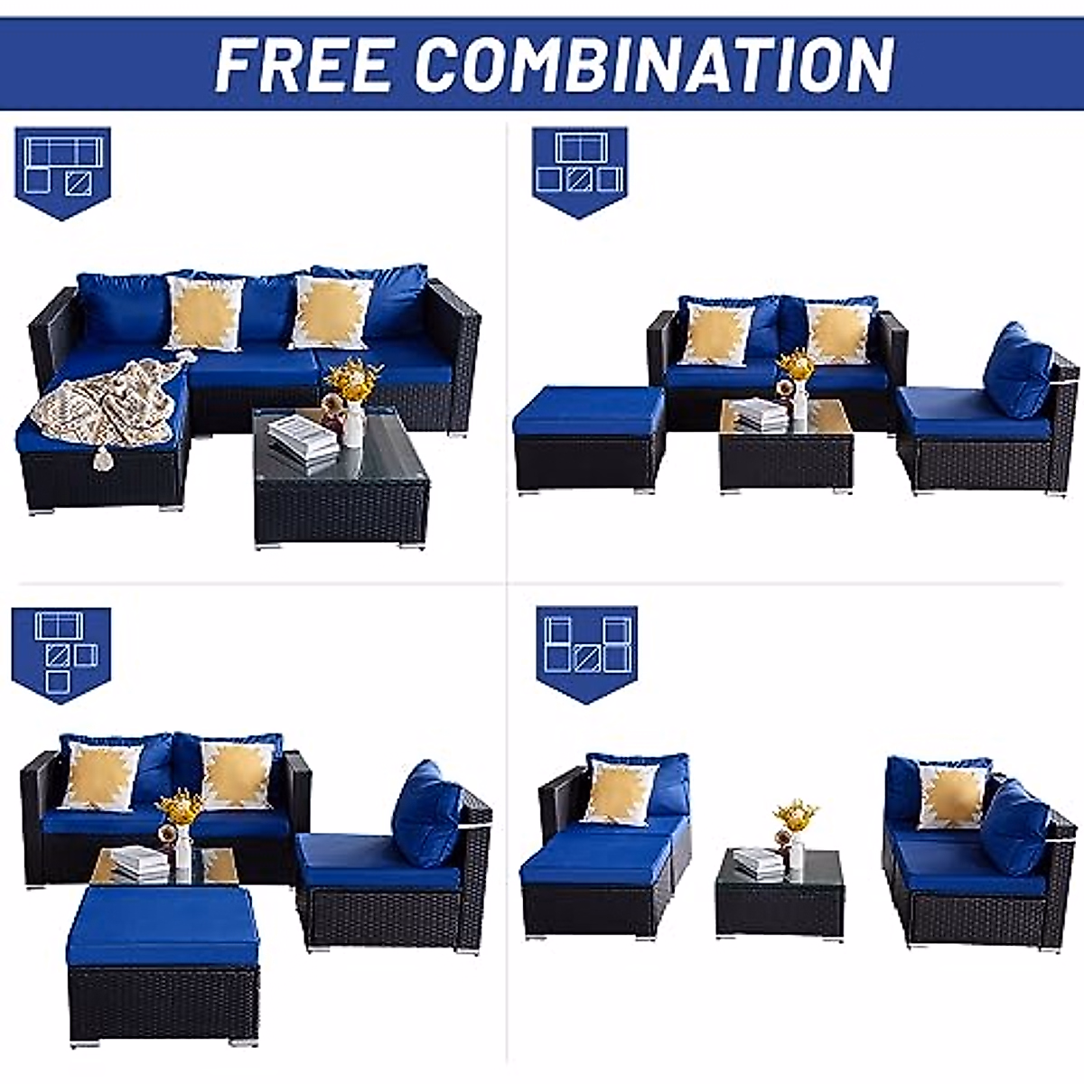 PAOLFOX 5 Piece Modern Patio Conversation Sets, Wicker Patio Furniture, Black/Blue
