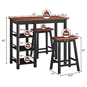 Giantex 3 Piece Dining Set, Entirely Wood Counter Height Table Set with 2 Chair and 3-Tier Storage Shelves, Small Kitchen Table Set with Rubber Wood Frame, Breakfast Table for Small Space, Apartment