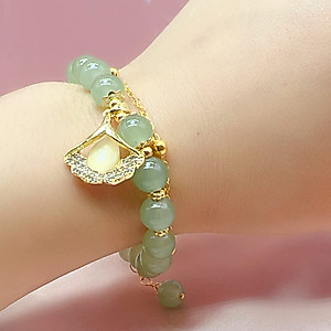 Natural Jade Bracelet for Women Hotan Jade Leaf Bracelet Natural 2-Layer Green Nephrite Jade Bracelet for Women Round Bead Design with Zircon Leaf Charm Bracelet,Lucky Jade Bracelet Ladies Jewelry (Ginkgo leaf)