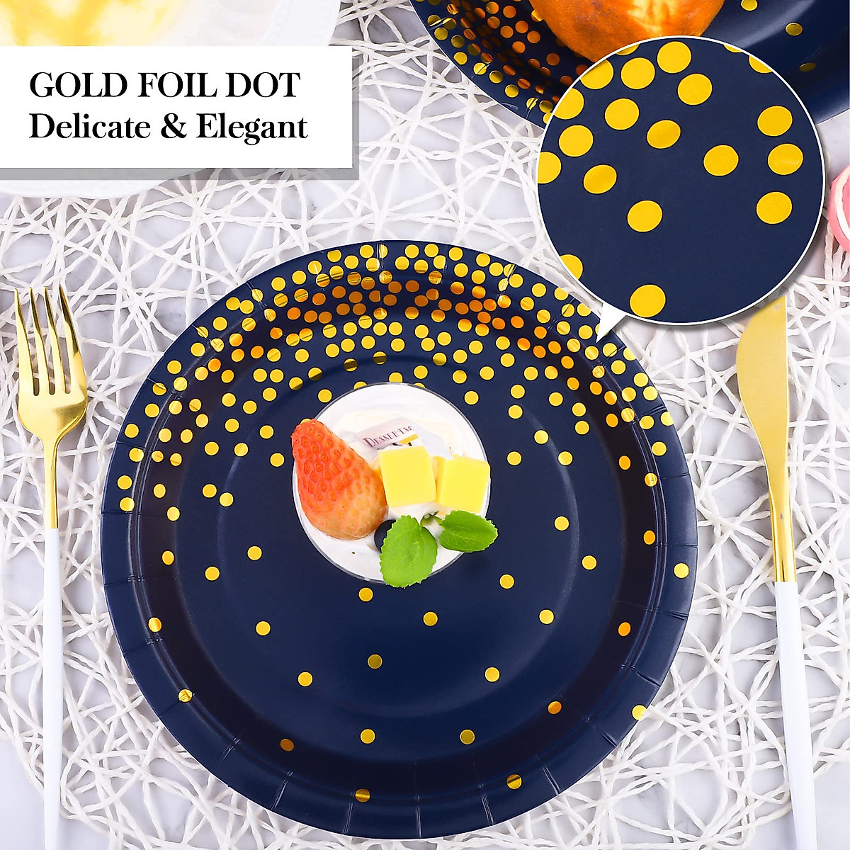 Aneco 60 Pieces 9 Inches Disposable Paper Plates Blue and Gold Foil Dot Dessert Plates Round Paper Plates for Wedding Bridal Shower Birthday Party Decorations