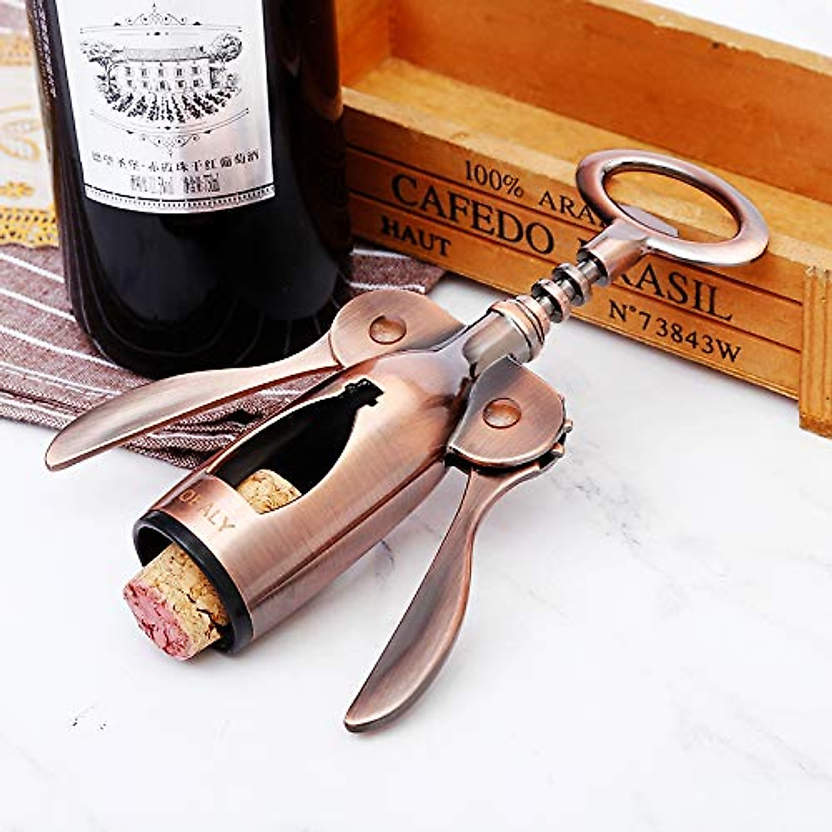 OBALY Wing Corkscrew， Wine Bottle Opener Set of 3 Pieces, Equipped with Bronze Multi-Functional Bottle Opener, Wine Stopper and a Foil Cutter
