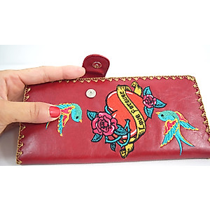 Skelapparel Tattoo Art love forever Sparrow birds embroidered Large flat wallet (Red)