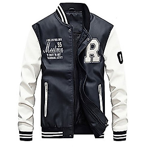 Lavnis Men's Faux Leather Jacket Casual Baseball Stand Collar Slim Fit Coat White 2XL