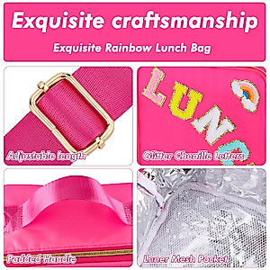 URSKYTOUS Insulated Lunch Bag for Women Girl Kid Teen Preppy Large Thermal Freezable Lunch Box Cute Hot Pink Big Reusable Kawaii Waterproof Lunch Tote Cooler Bag with Chenille Letter for School Office