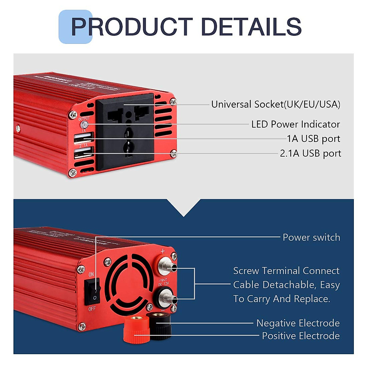300W Car AC Power Inverter DC 12V to 110V for Vehicles Converter 3.1A Dual USB Fast Charging Ports Car Charger Adapter,Red