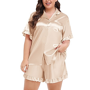 SWOMOG Womens Satin Plus Size Pajamas Silk Short Sleeve Pjs Sets Ruffle Shorts 2 Piece Loose Outfit Sleepwear with Pocket Champagne
