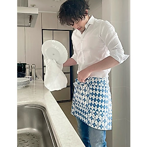 Shirayuki Waist Apron with four big pockets 100% cotton. Made in Japan. Kitchen Aprons, Server Aprons | Half Apron for Crafts, Restaurant, Shop Work Apron, Art Smock, Garden (Happy Skull, Blue)