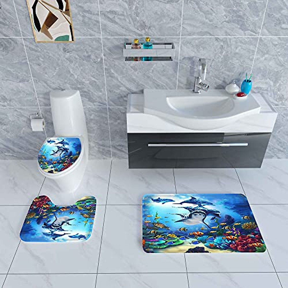 4 Pcs Dolphin Shower Curtain Set with Rugs, Toilet Lid Cover Bath Mat ,Blue Ocean Sea World Decoration Shower Curtain with 12 Hooks,65 x 70 Inches Waterproof Dolphin Shower Curtain for Bathroom Set…