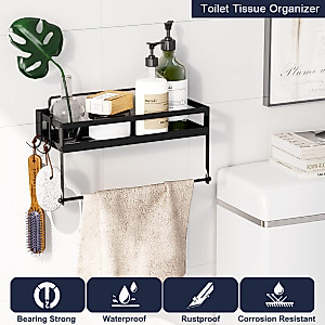 ESOW Paper Towel Holder Wall Mounted for Kitchen 13 in, Paper Towel Roll Rack with Storage Shelf Space, Both Available in Adhesive and Screws, SUS304 Stainless Steel (Matte Black)