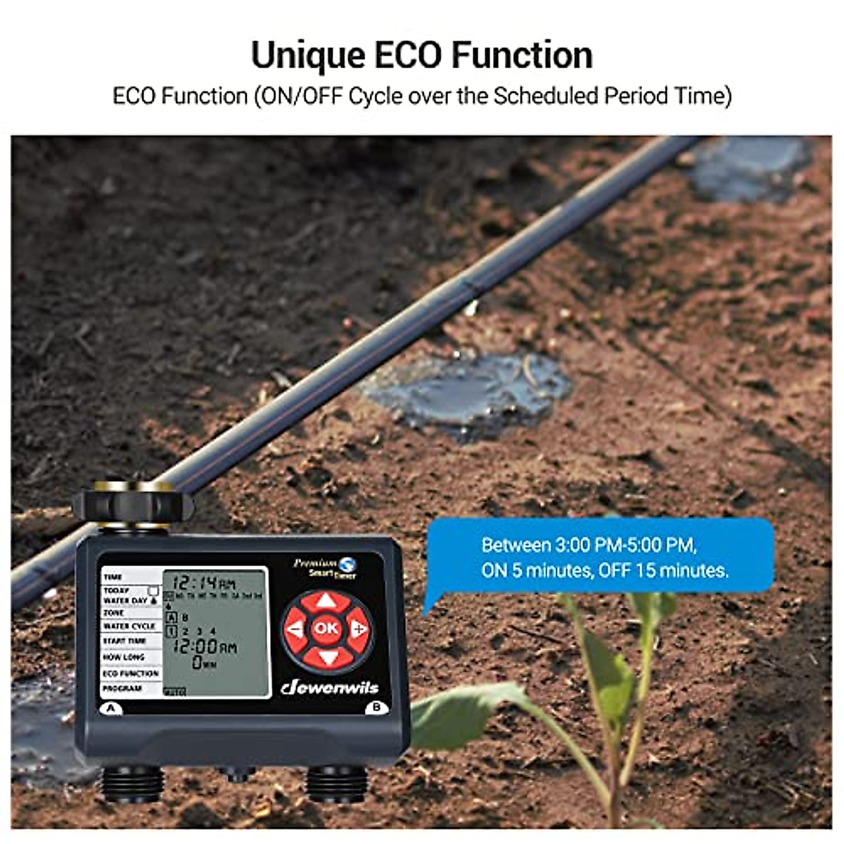 DEWENWILS Sprinkler Timer 2 Zone, Water Hose Garden Irrigation Timer with 4 Programmable Procedure and Low Battery Warning, Repeat Watering over Period, Faucet Controller with Rain Delay Mode for Lawn