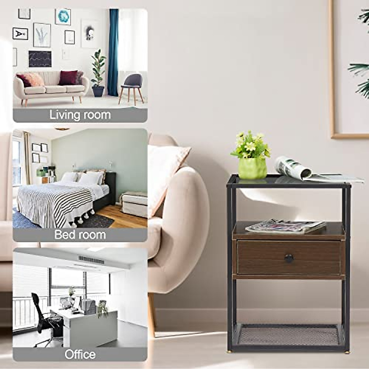 Kinfant End Table Set with Drawer - Nightstand Bedside Table with Mesh Shelf, Side Table with Glass Top for Hallway, Living Room, Bedroom, Rustic Brown and Black (2)