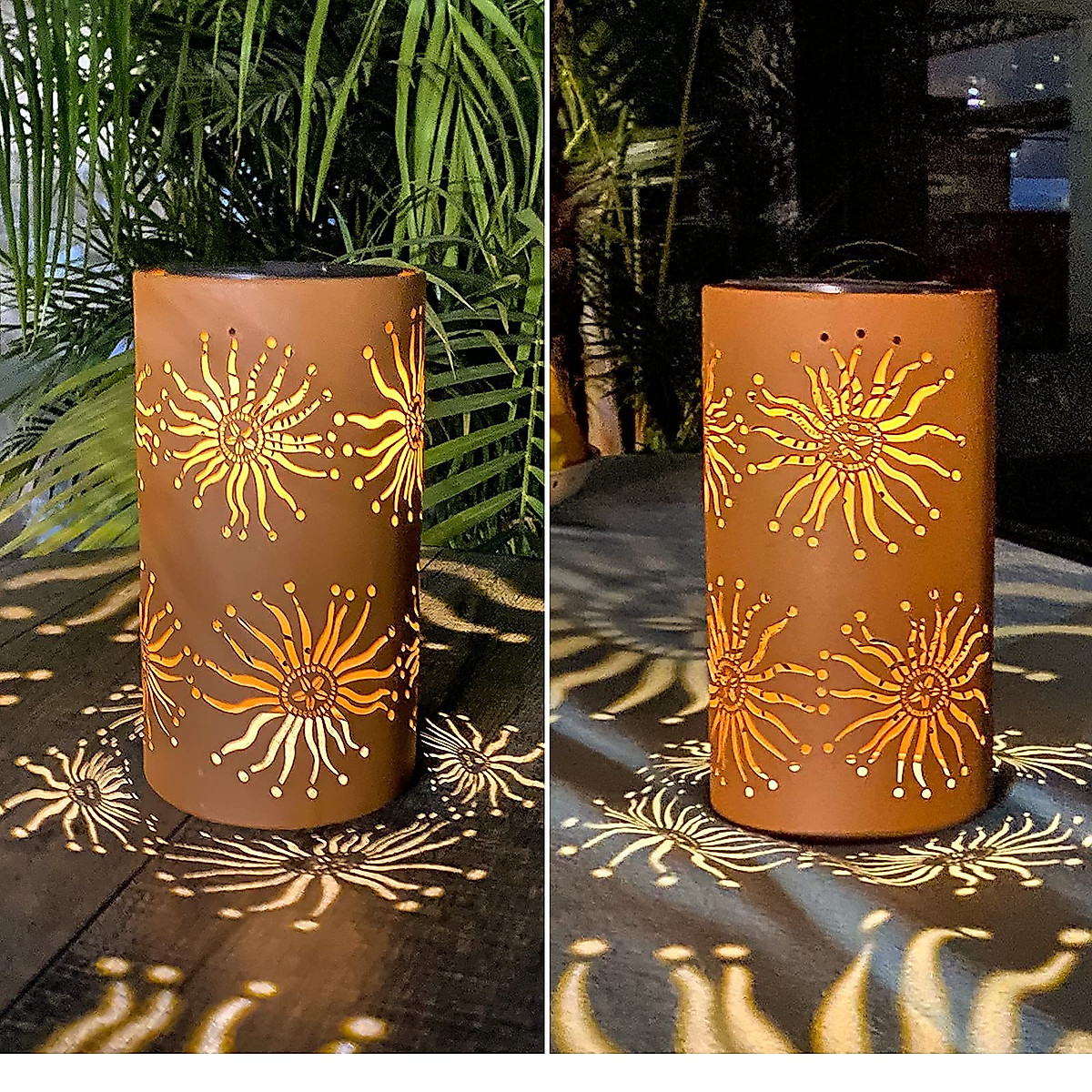 pearlstar Outdoor Solar Table Lamp 2pack Metal Sunflower Shape Solar Lantern Lights, Retro Orange Finish, Outside Decor for Patio Garden Yard Pathway Tabletop Waterproof(Sunflower)