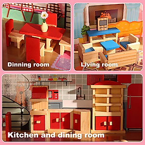 Dollhouse Furniture Wooden Doll House Furnisher 5 Set and 7 Family Dolls, Doll Wood Accessories and Furnishings for 1:12 Scale Miniature Dollhouse, Family Figures Pretend Play Toy