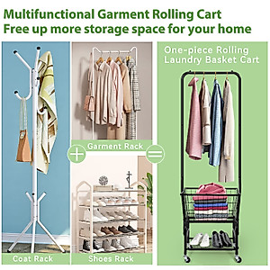 Mosxoed Laundry Cart with Wheels and Hanging Rack, Rolling Laundry Basket with Clothes Rack Laundry Butler with Wire Storage Rack Coat Rack for Laundry Bedroom Hallway, Black