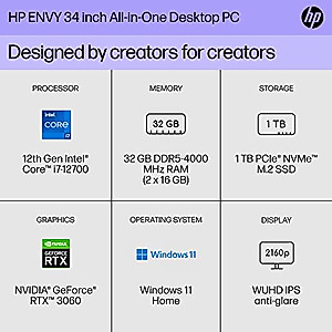 HP Envy 34 inch All-in-One Desktop PC, WUHD Display, 12th Generation Intel Core i7-12700, 32 GB RAM, 1 TB SSD, NVIDIA GeForce RTX 3060 Graphics, Windows 11 Home, 34-c1050 (2023)