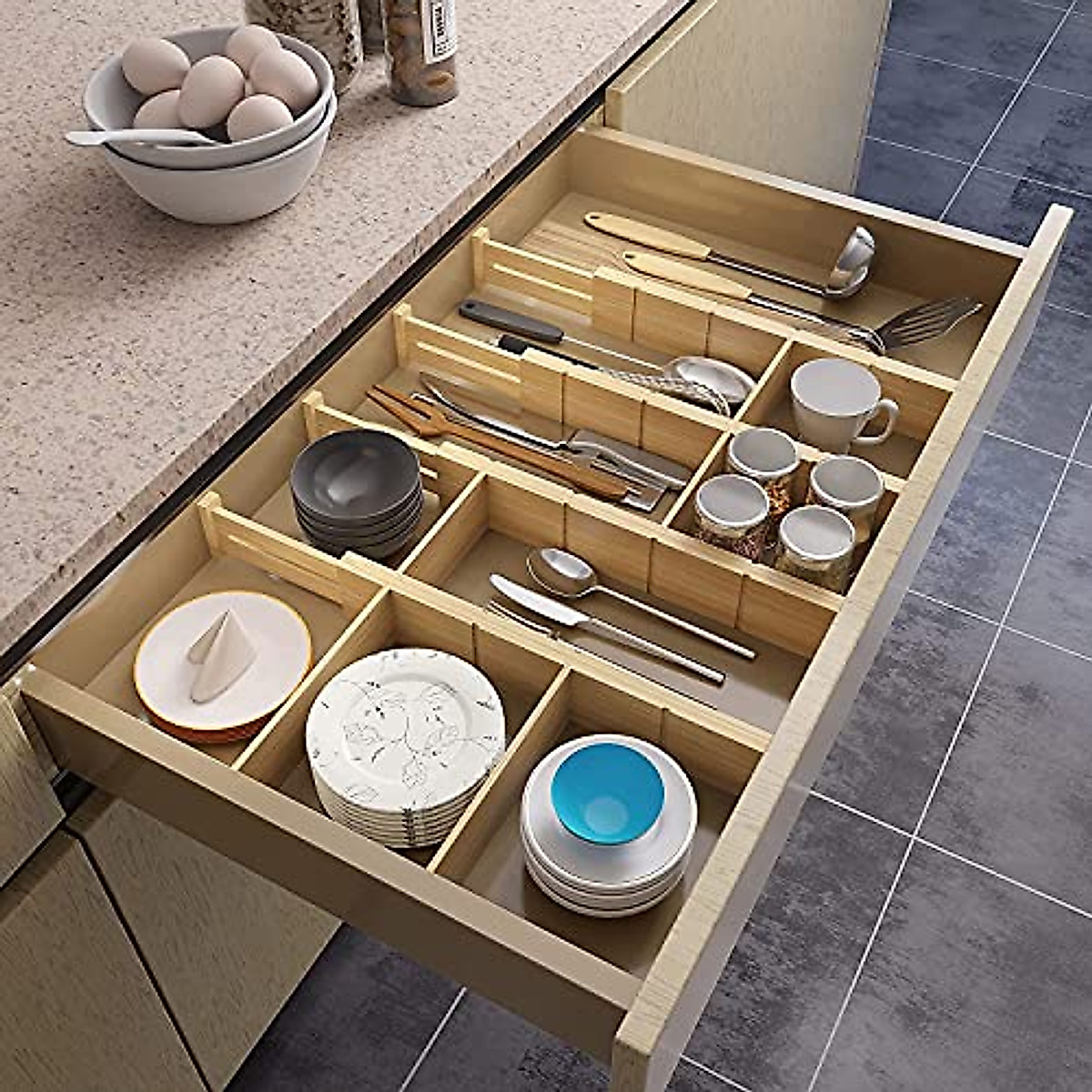 ecozoi Bamboo Drawer Divider Organizers, Set of 6 Dividers with 8 Connectors for Flexible Organizing