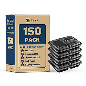 TIYA Takeout Food Containers - 33 oz Bulk 150 Pack with Lids - Plastic Compartment Storage To-Go Boxes - Reusable, Microwavable, Dishwasher Safe - Leak Proof for Restaurants and Meal Prep