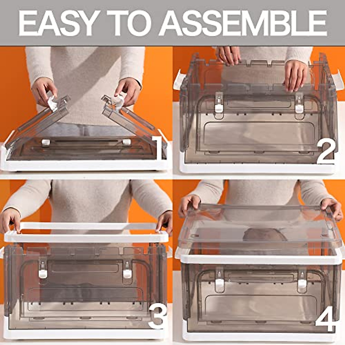 EZOWare 15 Quart Stackable Lidded Plastic Storage Bins with Front Opening and Wheels, 2 Pack Foldable Organizer Cube Box Containers with Latch Lid - White and Clear Gray