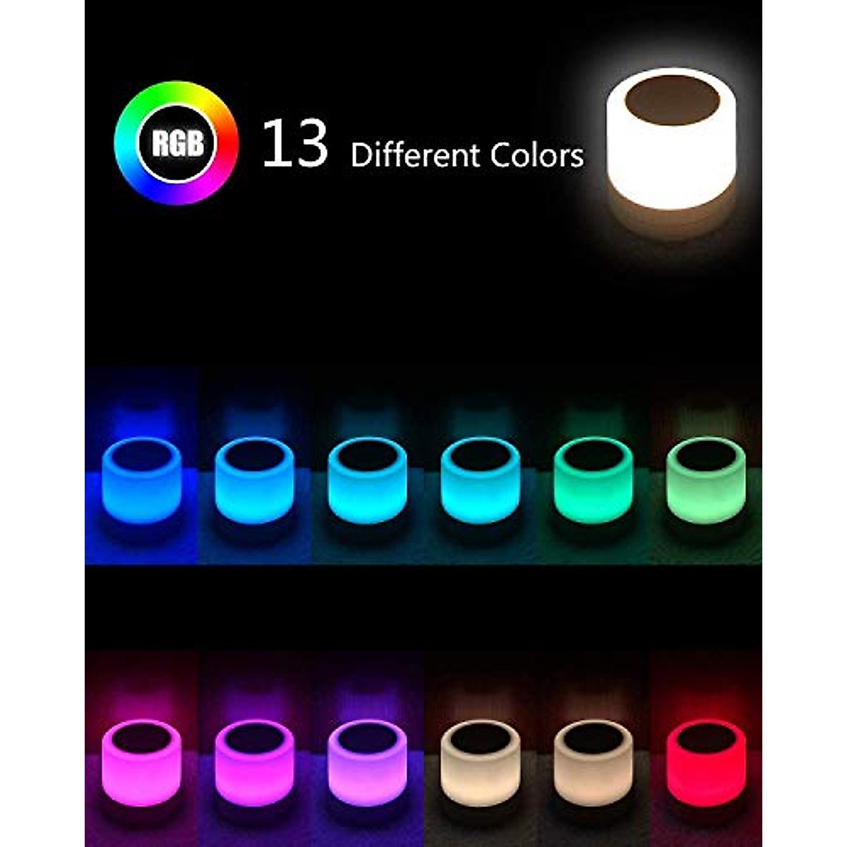 DENWAY LED Bedside lamp dimmable Atmosphere Table lamp with Warm White Light, 13 Colors and Color Changes, Touch-Sensitive Night Light for Bedroom, Living Room and Office (White)