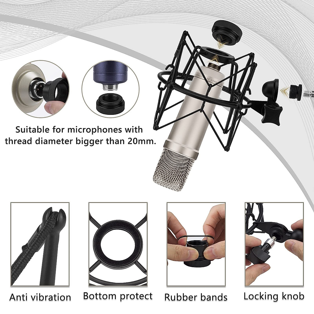 Geekria for Creators Microphone Shock Mount Compatible with Rode NT-USB, NT1-A, NT2-A, NT1000, NT2000, Procaster, K2, Mic Anti-Vibration Suspension Adapter Clamp Mic Holder Clip (Black/Metal)