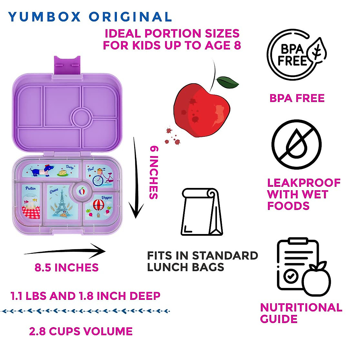 Yumbox Original - Leakproof Bento Lunch box for Kids (2-7 Years) with 5 Compartments, Easy-Open Latch, Optimal Portion Sizes & Removeable Paris Themed Tray (Lulu Purple)