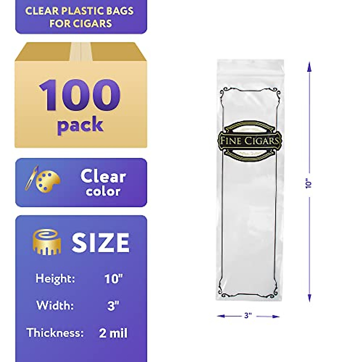 APQ Cigar Bags 3 x 10, Pack of 100 Clear Plastic Bags for Cigars Storage, Waterproof 2 Mil Plastic Bags, Polyethylene Cigar Bag with Secure Zipper, Resealable Plastic Bags, Odorless Small Zipper Bags