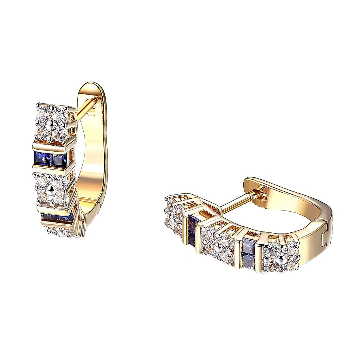MORGAN & PAIGE 18K Yellow Gold Plated .925 Sterling Silver Square-Cut Created Blue and White Sapphire Hinged 3/4" Hoop Earrings