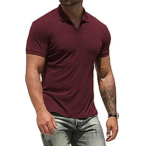 NITAGUT Polo Shirts for Men V Neck Slim Fit Short Sleeve Performance Golf Shirt Knit Soft Tees Wine Red, Large