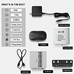 UXX Mini PC Support 512GB M.2 SSD, Intel Celeron N3350 (Up to 2.4GHz) Mini Computer, 6GB RAM/64GB Micro PC HDMI/VGA Dual Display,Mini Desktop Computer WiFi5/BT/VESA/Mouse,for Business,Home,Office