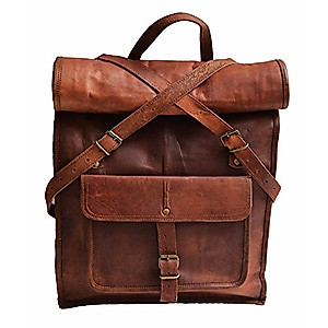 jaald 23" Brown Leather Backpack Vintage Rucksack Laptop Bag Water Resistant Roll Top College Bookbag Comfortable Lightweight Travel Hiking/picnic For Men