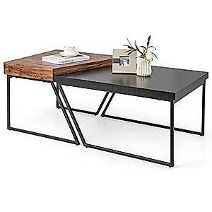 Giantex Stacking Coffee Table Set of 2, Black & Brown Modern Side Table with Powder Coated Metal Legs, Trapezoid Nesting Table for Living Room, Office, Bedroom, Black + Brown