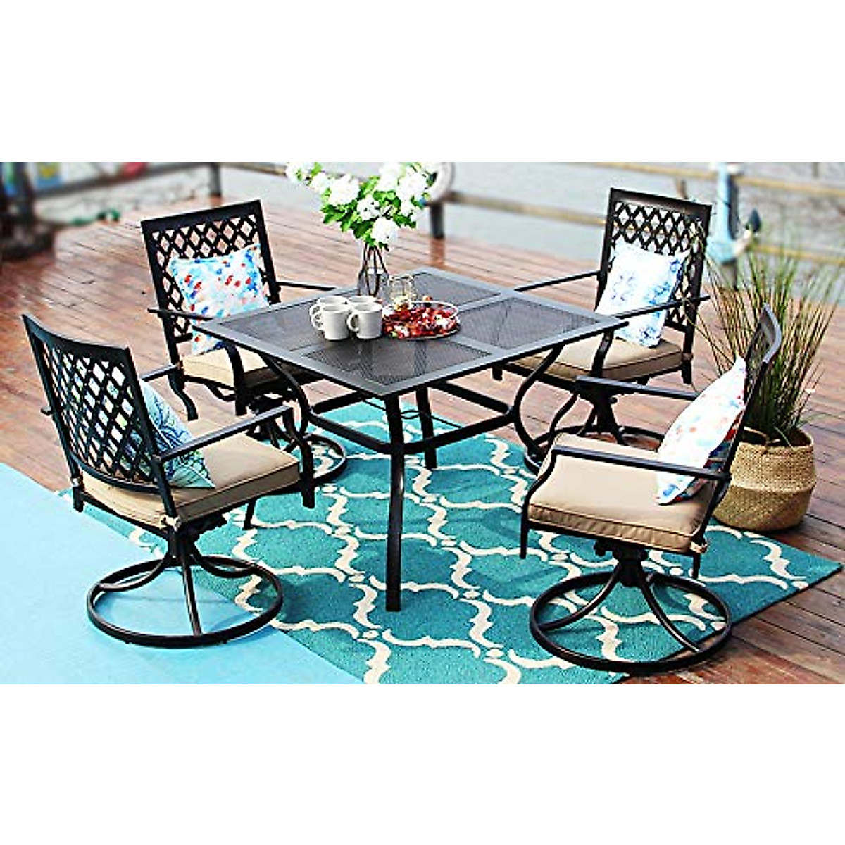 PHI VILLA Outdoor Patio Dining Set 5 Pieces Metal Furniture Set, 4 x Swivel Chairs with 1 Rectangular Umbrella Table for Ourdoor Backyard Bistro with Cushion