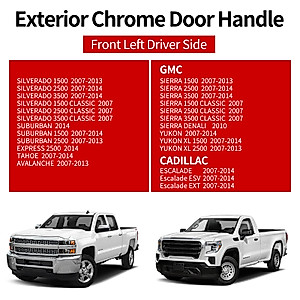 This Hill Exterior Chrome Door Handle,Front Left Driver Side Compatible with 2007-2014 Silverado Suburban Avalanche Tahoe GMC Sierra Yukon Cadillac Escalade-Replaces#20828258 22738721 25960525 80546