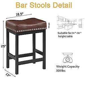 OUllUO Single Bar Stools, 24" Counter Height Bar stools, PU Leather Bar Stools for Kitchen Counter, Modern Metal Base Padded Saddle Barstool with Nailhead Trim Stools for Island,Brown,918BR1