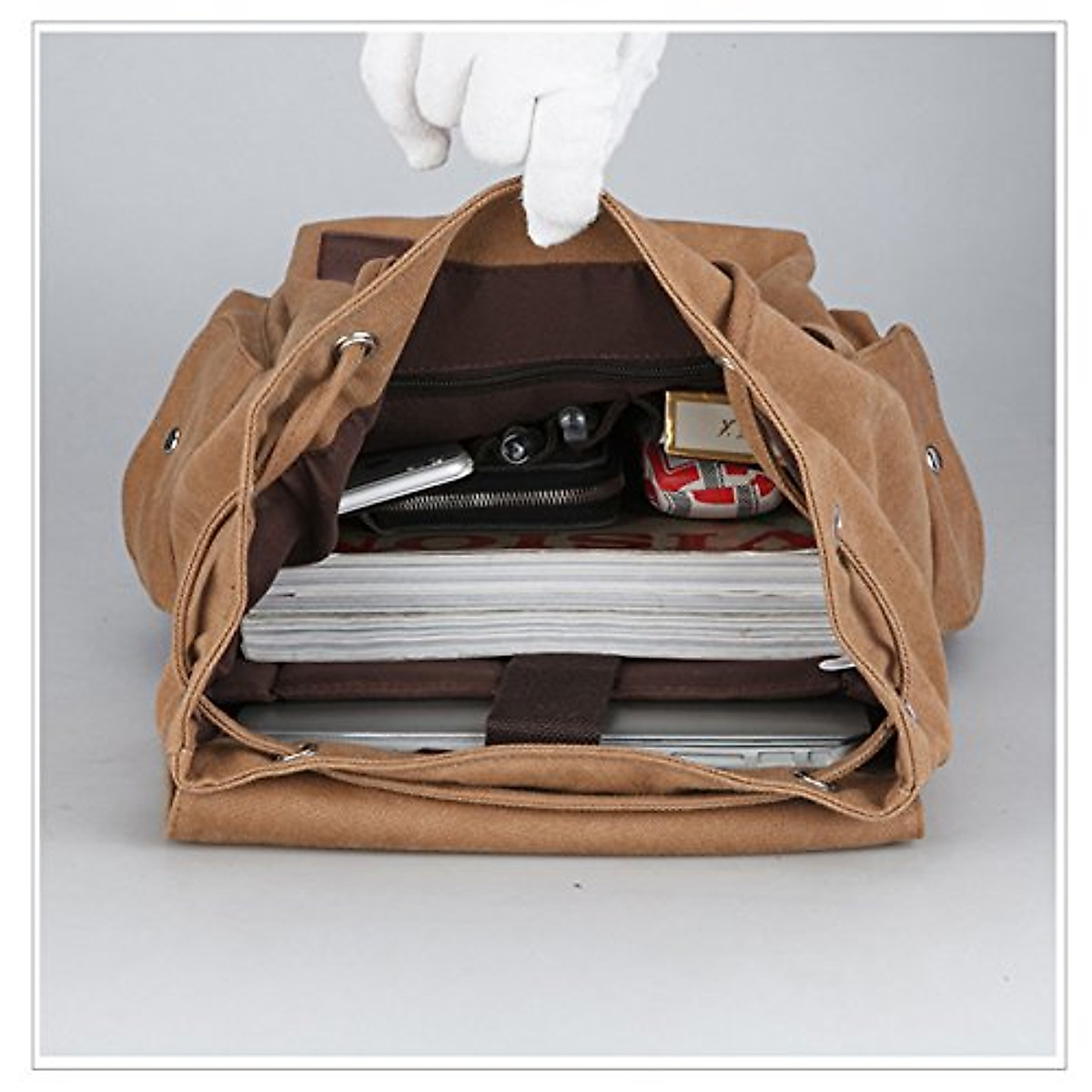 Yookeyo Canvas Flap Drawstring Backpack School Bag Travel Bag for Middle School