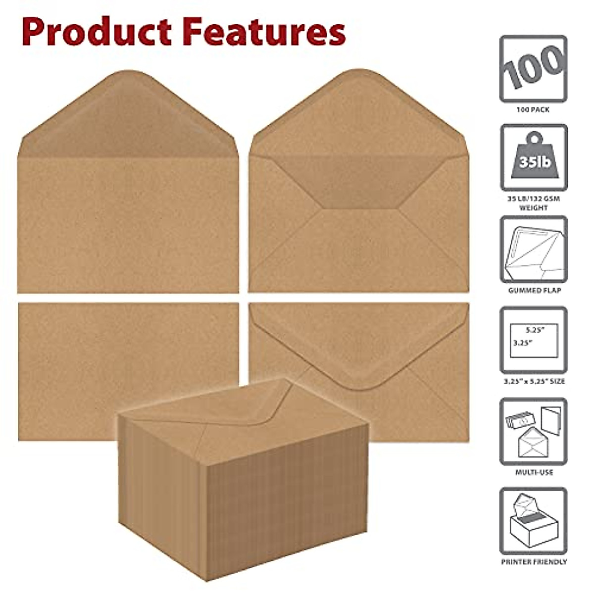 Kraft Mini Envelopes, 100-Pack, Strong 35 lb. Paper, Pointed Flap, Use with Gift Cards, Cash, RSVP Cards, Business Cards, Fits up to 3 x 5 Cards (Actual Size 3.25" x 5.25")