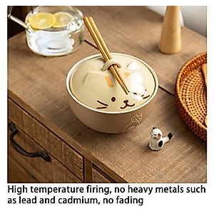 Japanese Style Ceramic Soup Bowls with Lids Ramen Bowl Cute Kitten Design for Mixing Salad, Noodle, Instant Noodles, Ramen Cooker, Kitchen Oven, Microwave Safe Bowl Cat Gifts for Cat Lovers (khaki)
