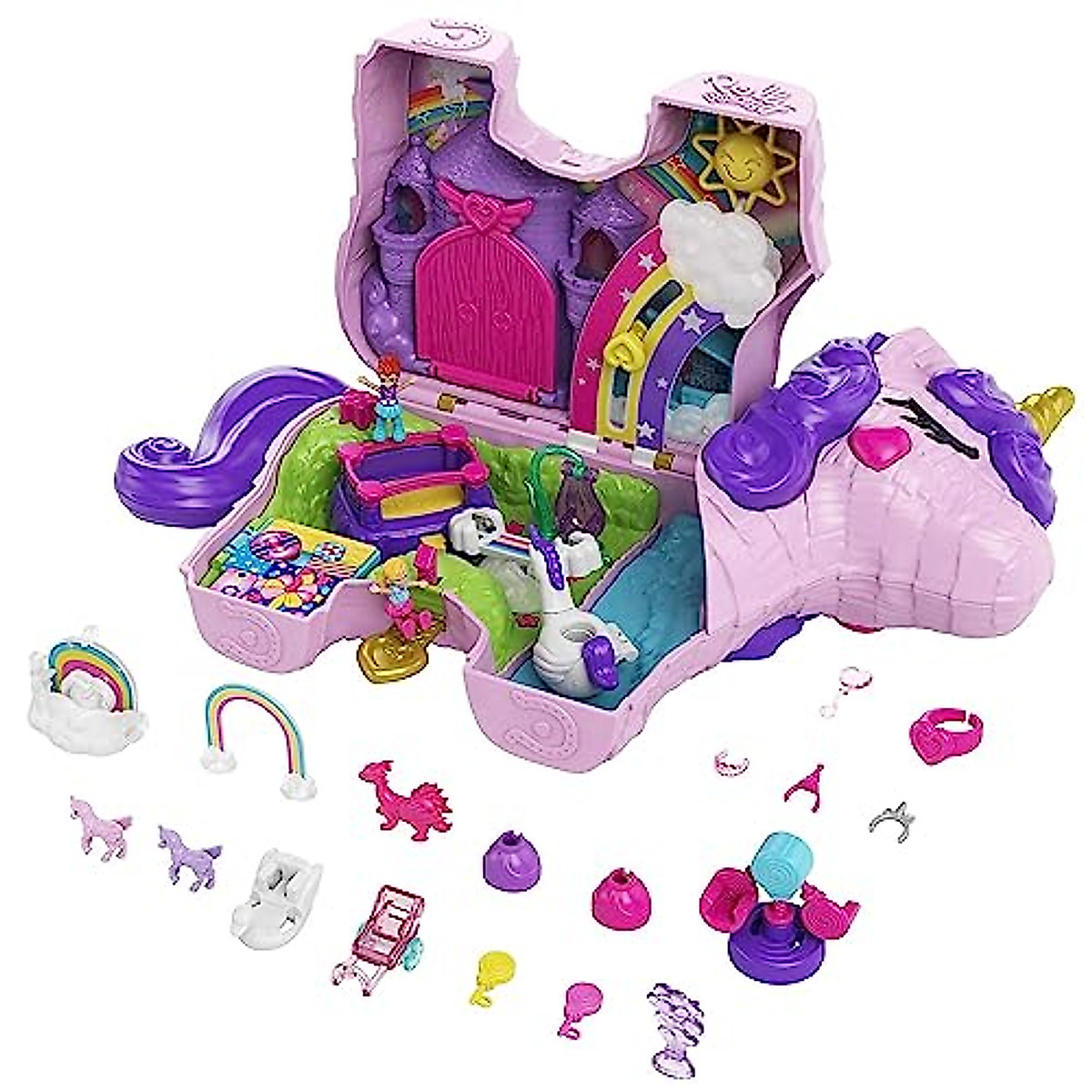 Polly Pocket Micro, Unicorn Party Playset, Pink Unicorn Toy with Purple Hair, 25 Toy Surprises Inside, Toys for Ages 4 and Up, One Playset, GVL88