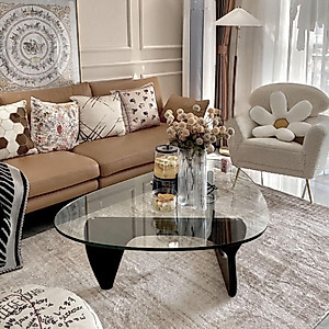 Triangle Coffee Table in Walnut Mid Century Modern Solid Wood Base and Triangle Clear Glass Coffee Table for Living Room Low Minimalist Tea Table Coffee Tables (36 * 25.6 * 16, Black Transparent)