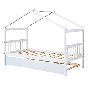 GOWE Twin Size Wooden House Bed with Twin Size Trundle, White