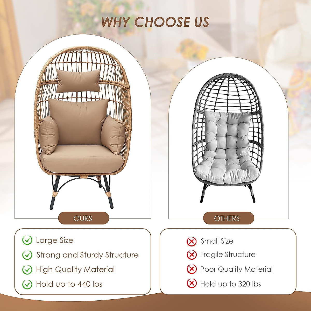 RADIATA Oversized Wicker Egg Chair w/ 5 Cushions 440lb Capacity Lounge Basket with Strong Heavy-Duty Steel Frame for Indoor Outdoor Patio Backyard Living Room (Beige)