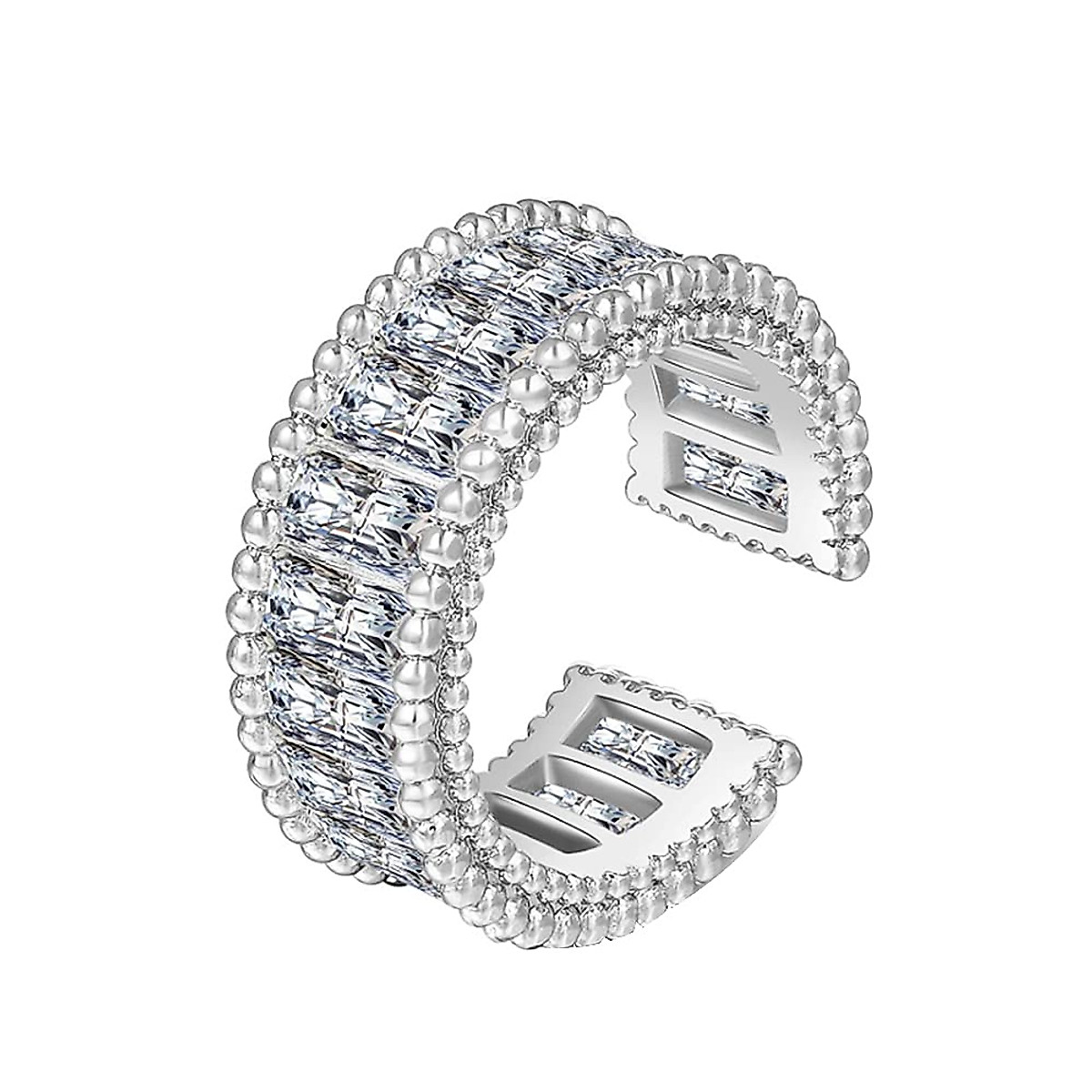 ABJFJE Rdjustable Rainbow Baguette Band Ring Anniversary Eternity Band Cubic Zirconia Ring Crystal Wedding Cocktail Rings Fashion Luxury Jewelry for Women (Silver White)