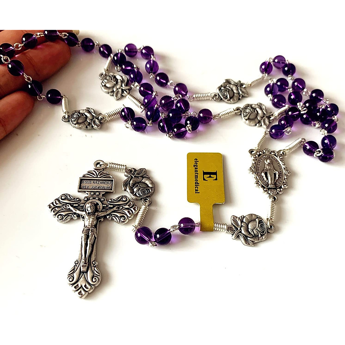 elegantmedical Handmade Catholic Amethyst Beads Our Lady of Grace Rosary Cross Crucifix Necklace Gift Box (Amethyst)