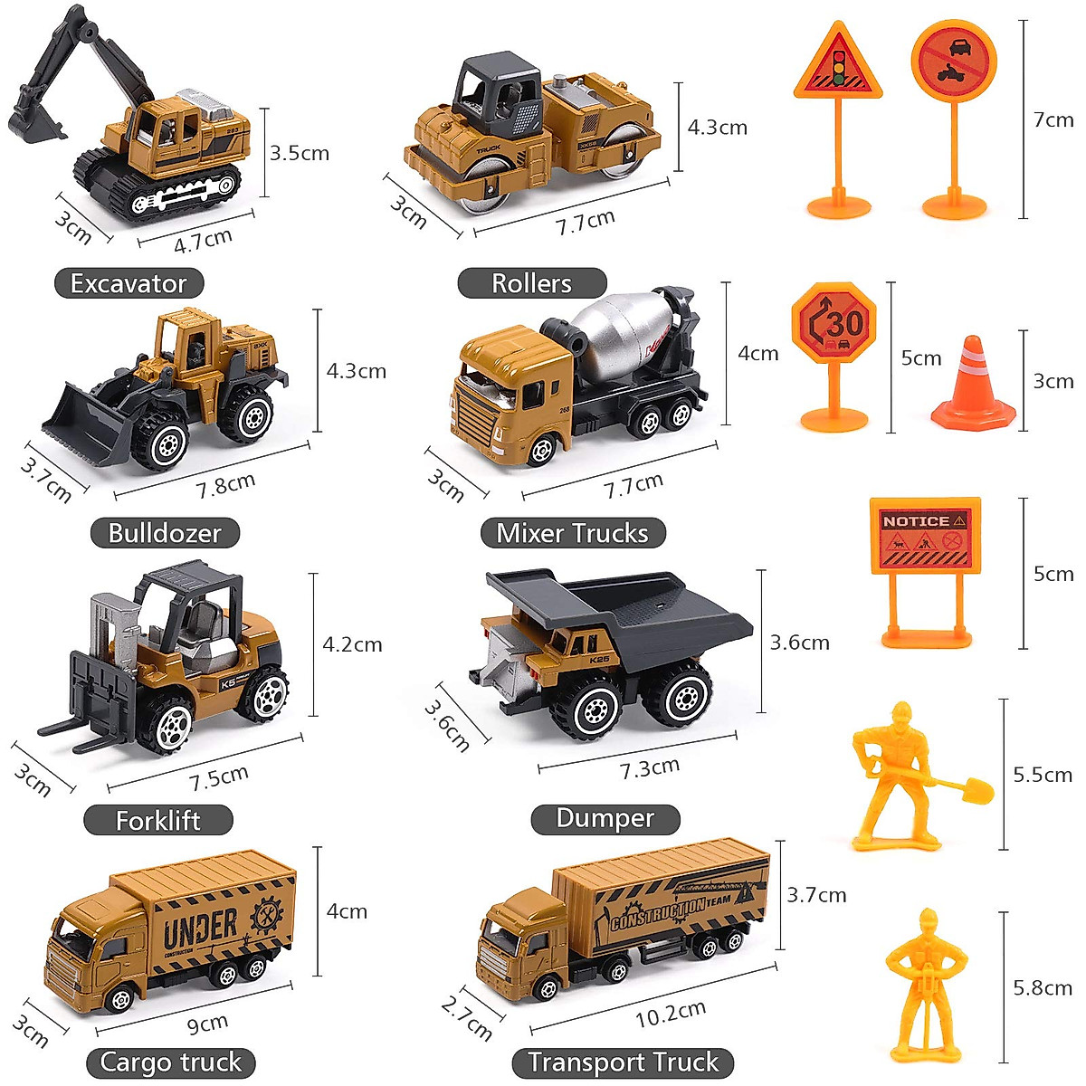 DigHealth Construction Vehicles Toys Set with 32×28 Inches Play Mat, 8 Mini Alloy Engineering Trucks and 7 Road Signs, Excavator and Dumper Truck Toy Gift for 3 4 5 6 7 Years Old Kids, Boy and Toddler