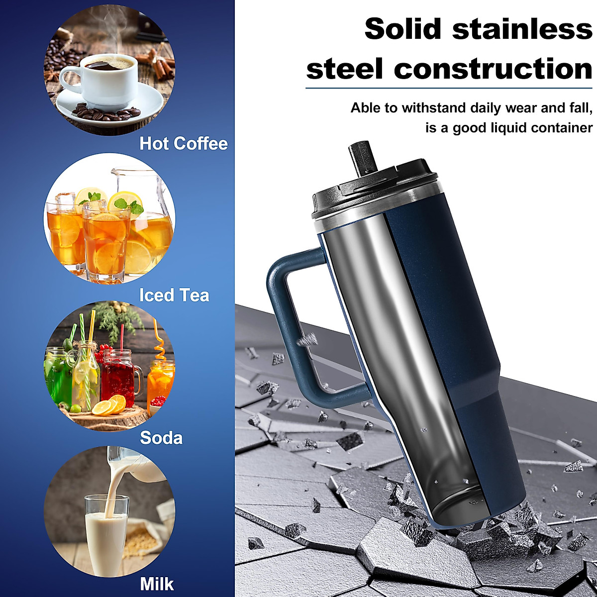 Klickpick Home 40 Ounce Stainless Steel Vaccum Insulated Thermal Tumbler With Handle Lid 2 straws, Reusable Travel Coffee Mug Cup Cupholder friendly, Keeps cold for 30 H, 100% Leakproof (Navy Blue)